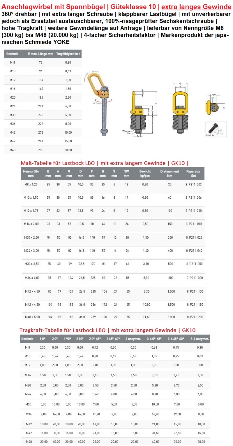 Anschlagwirbel YOKE LBO extra langes Gewinde | Güteklasse 10