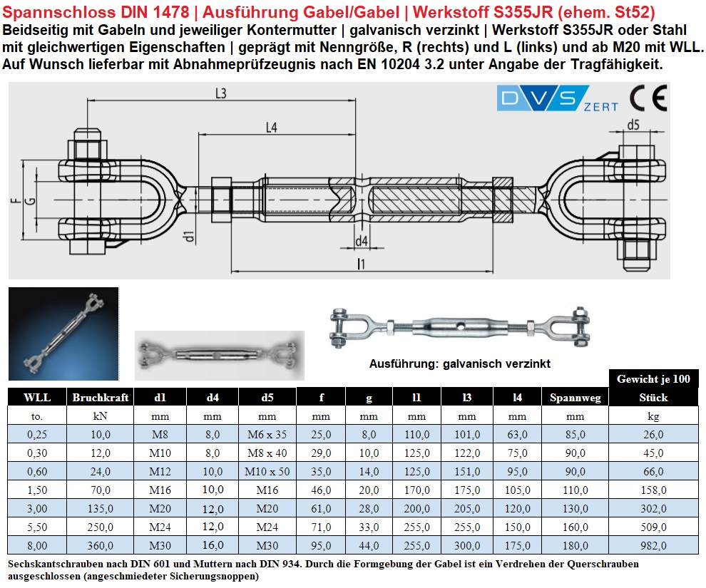 Spannschloss DIN 1478 | Gabel / Gabel | S355JR