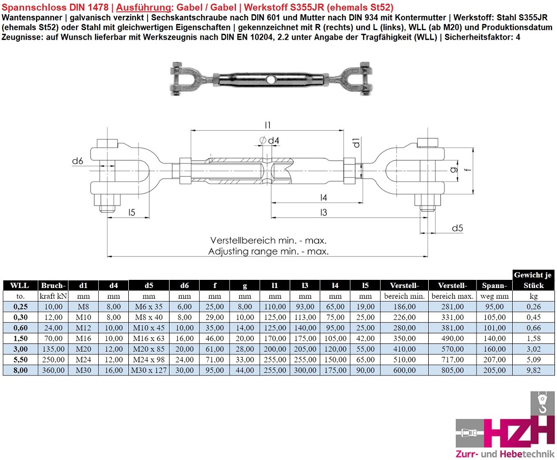Spannschloss DIN 1478 | Gabel / Gabel | S355JR | Typ WK